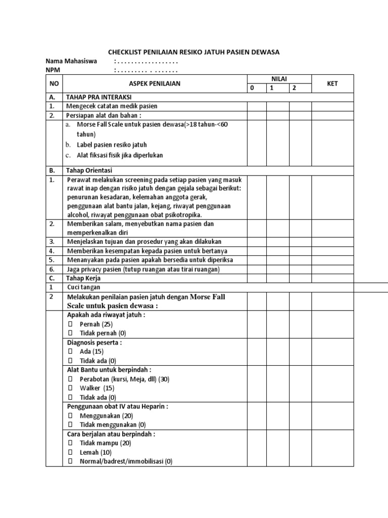 Checklist Penilaian Resiko Jatuh Pasien Dewasa | PDF