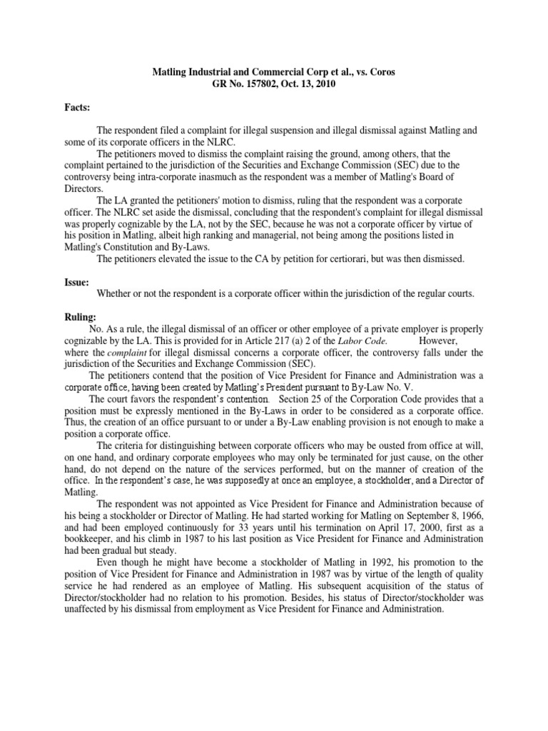 Matling Industrial and Commercial Corp Et Al., vs. Coros | PDF | Board ...