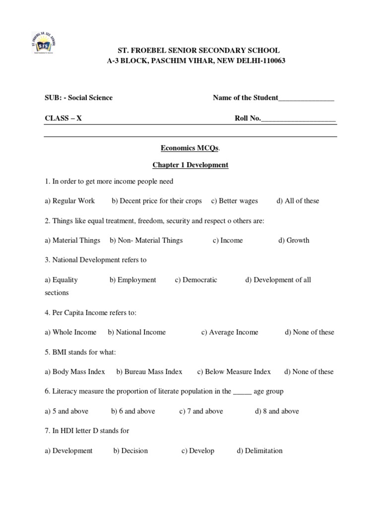 Class 10 Economics MCQs. 2019-2020 | PDF | Economic Development | Banks