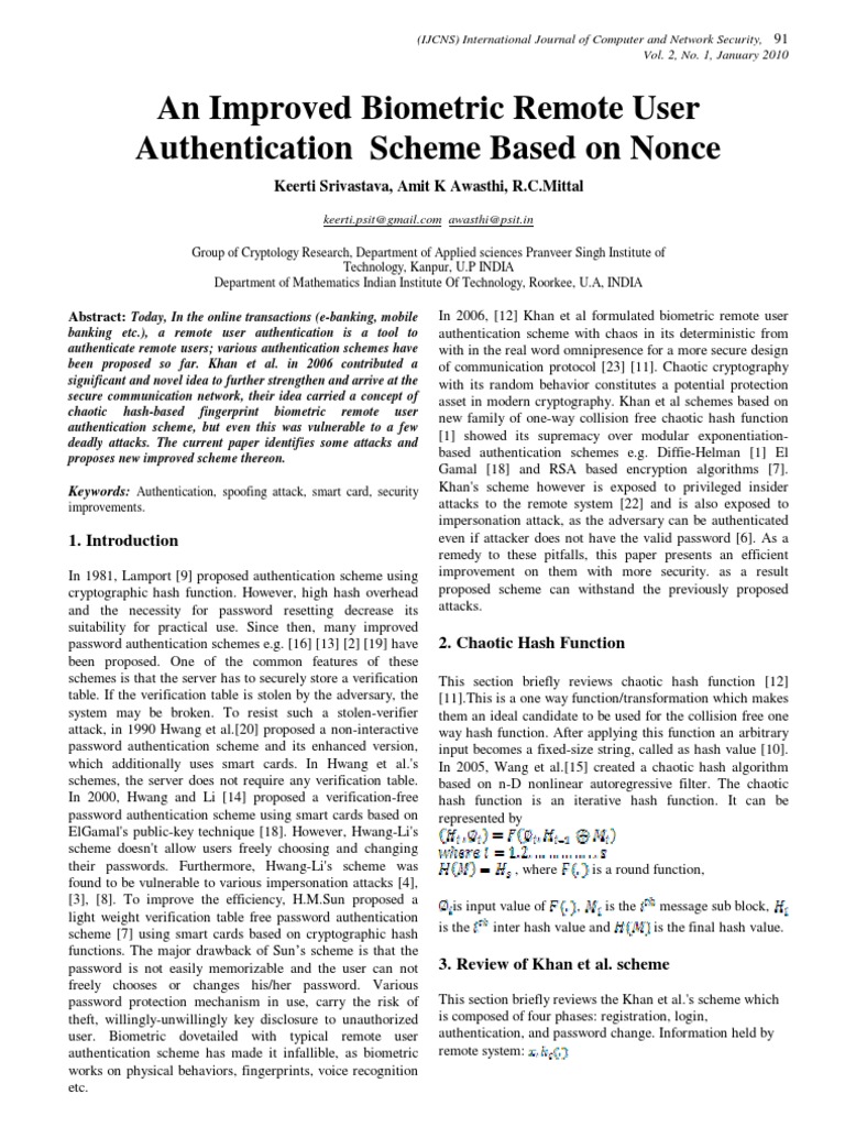 An Improved Biometric Remote User Authentication Scheme Based On Nonce | PDF | Password ...