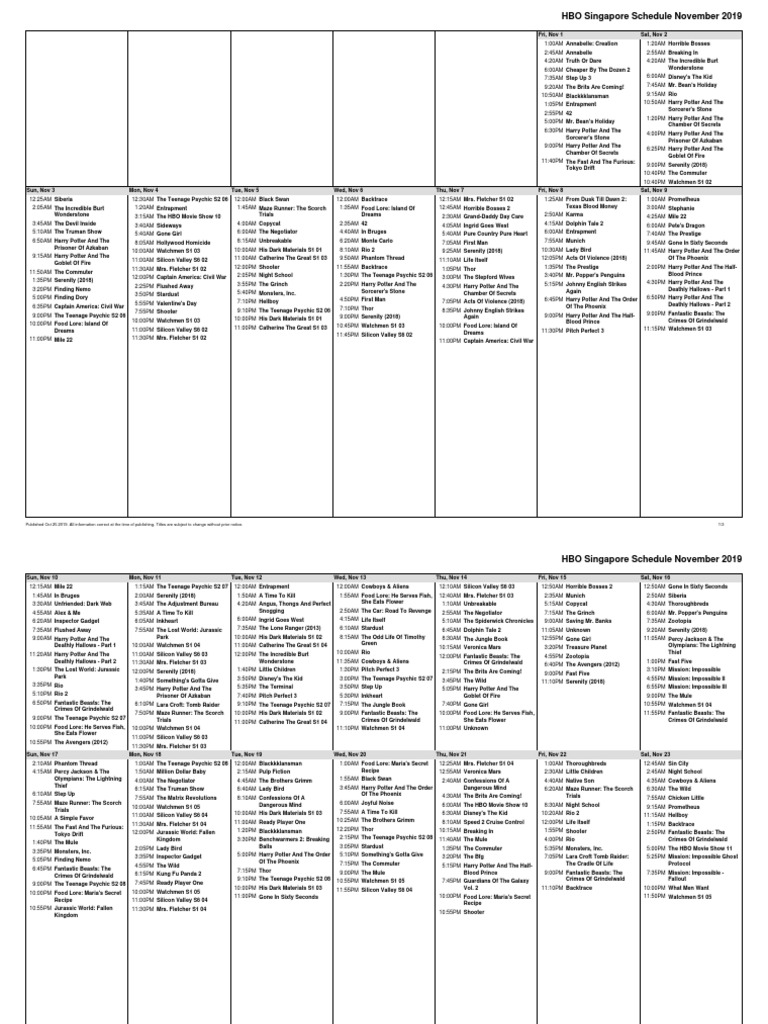 HBO Singapore Schedule November 2019 | PDF | Harry Potter