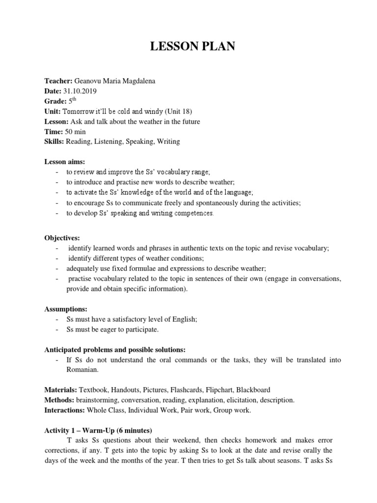 5th Grade Weather Lesson Plan | PDF | Vocabulary | Lesson Plan