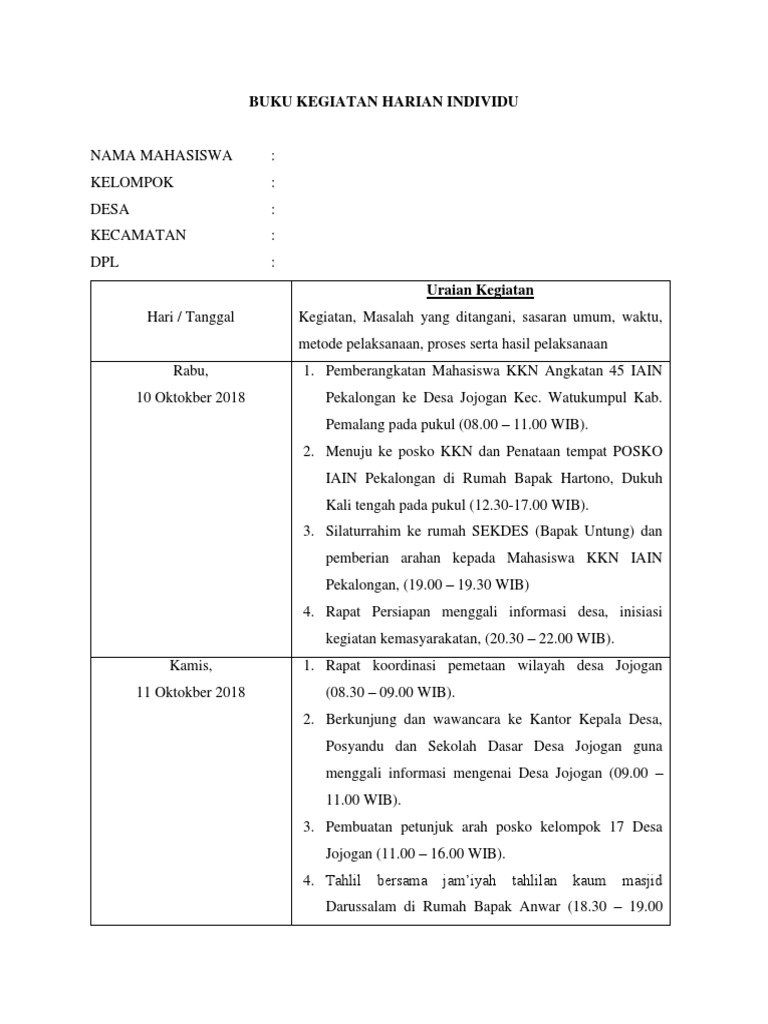 Laporan Kegiatan Harian Individu KKN | PDF