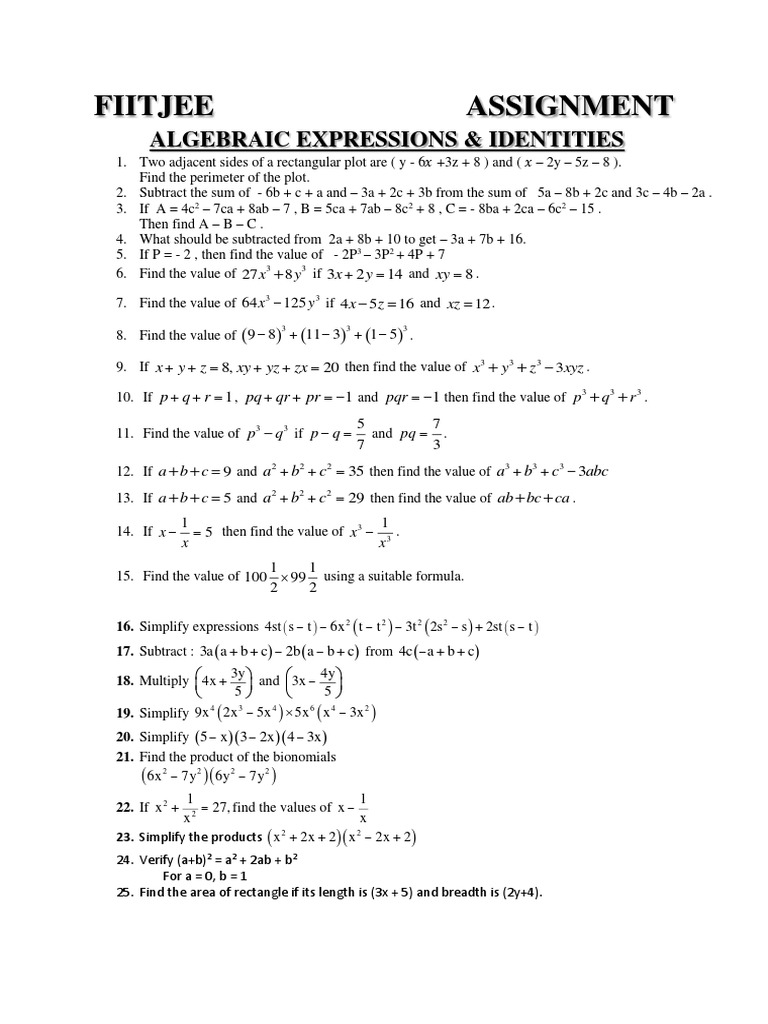 Class 7 ALGEBRAIC EXPRESSIONS & IDENTITIES Assignment | PDF | Algebra ...
