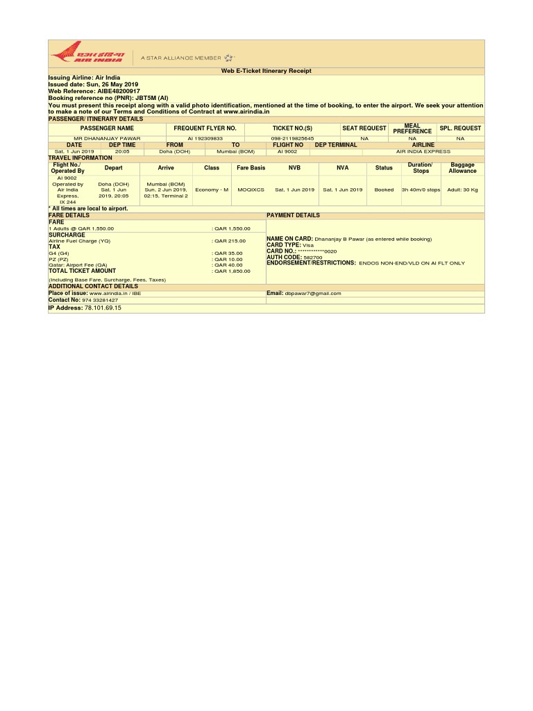 Flight ticket air india store