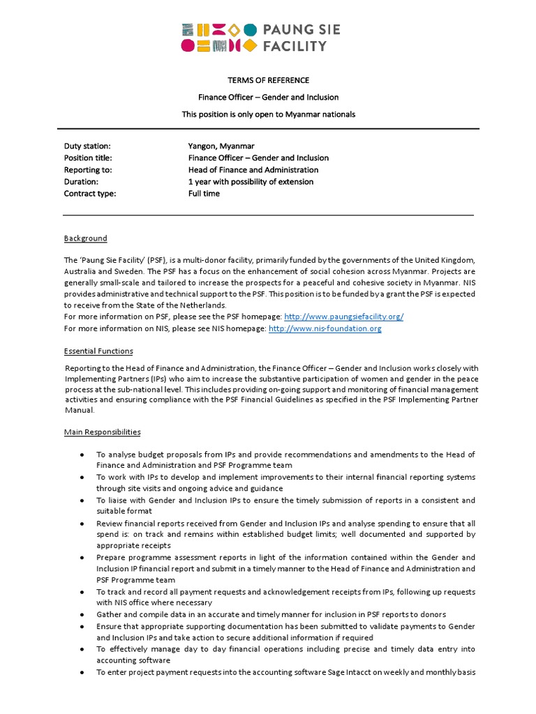 TOR Finance Officer | PDF | Accounting | Gender