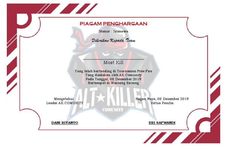 Piagam Penghargaan Turnamen Free Fire | PDF
