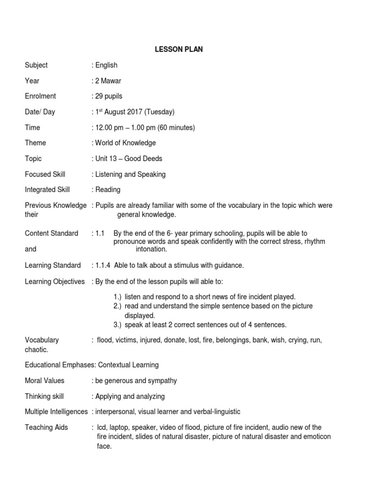 LESSON PLAN - Listening and Speaking Year 2 | PDF | Lesson Plan ...