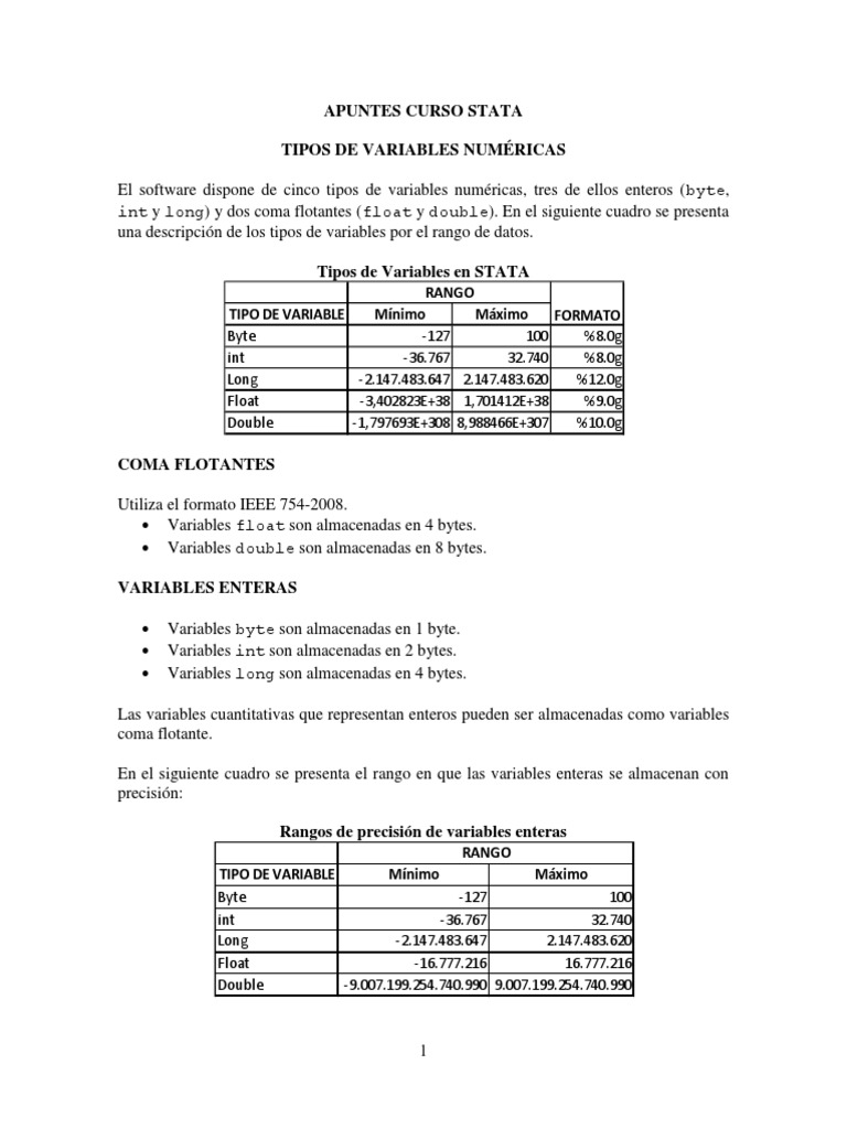 Tipos de Variables Numéricas en Stata | PDF | Byte | Variable (informática)