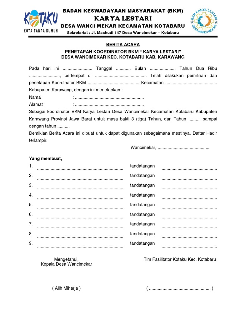 Berita Acara Penetapan Koordinator BKM | PDF
