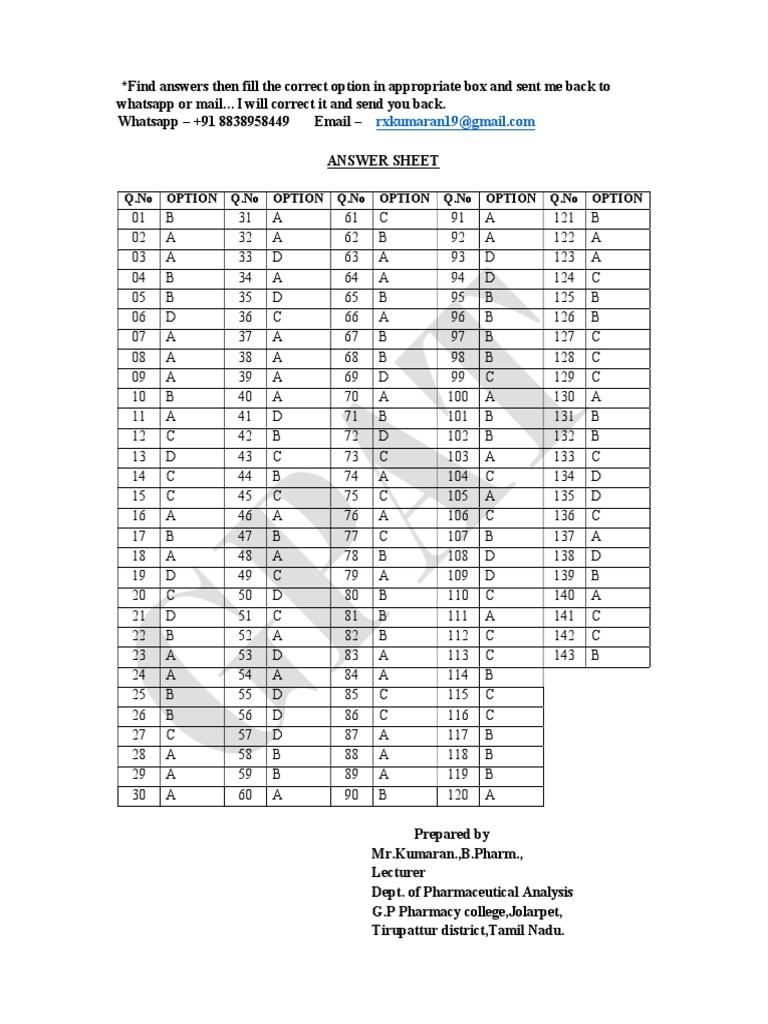 Answer Sheet Gpat Exam 1 | Download Free PDF | Pharmacy ...