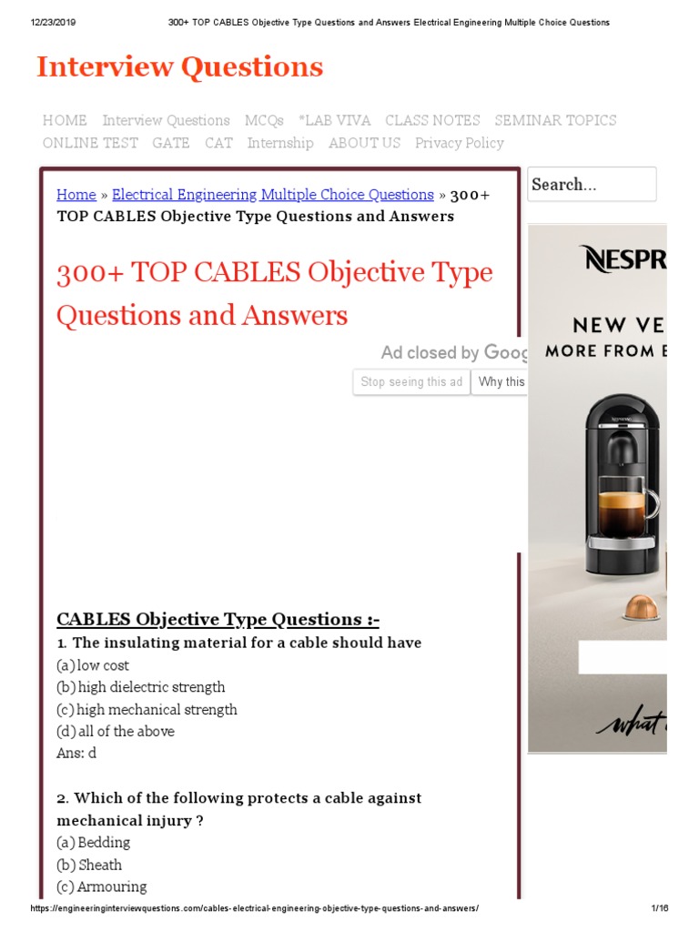 300+ TOP CABLES Objective Type Questions and Answers Electrical ...