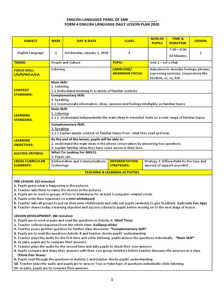 Form 4 Cefr Sample Lesson Plan Template | PDF | Question | Lesson Plan