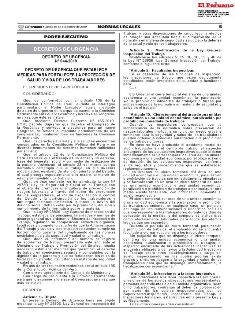 Decreto de Urgencia Que Establece Medidas para Fortalecer La Decreto de Urgencia N 044 2019 ...