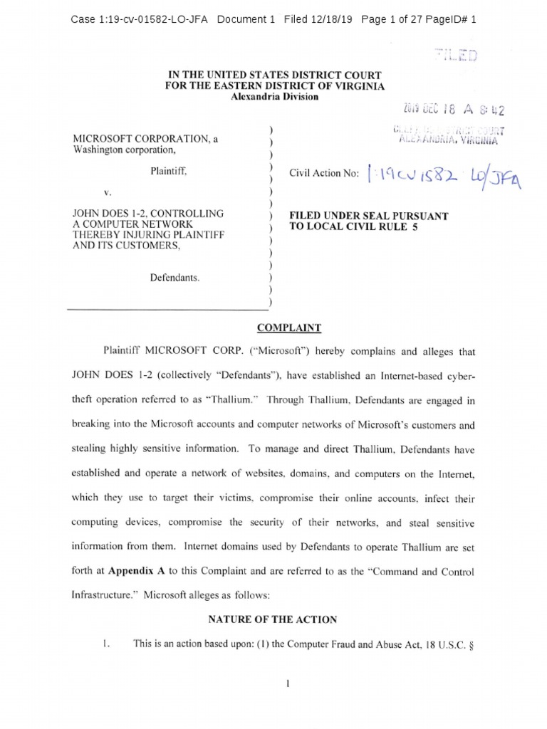 Microsoft V John Does | PDF | Complaint | Lawsuit