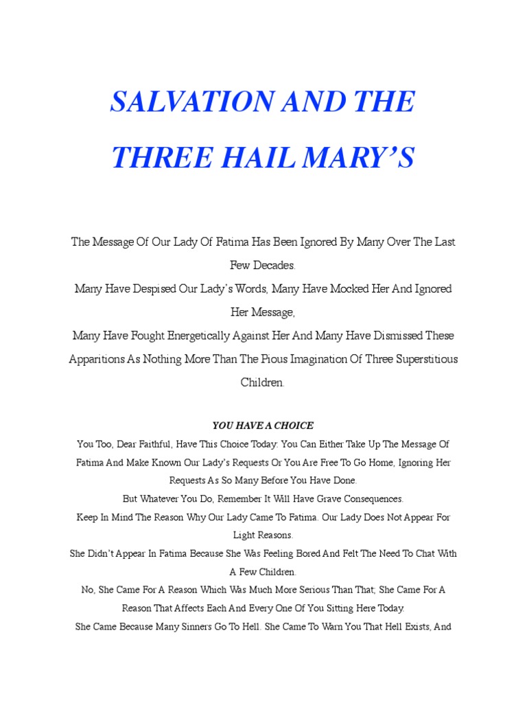 Three Hail Marys for Salvation | PDF | Grace In Christianity | Mary ...