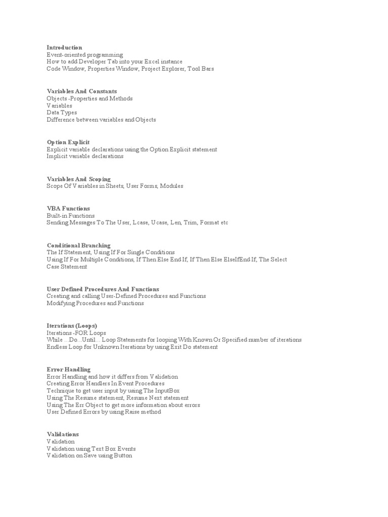 Vba Syllabus | PDF | Microsoft Excel | Control Flow