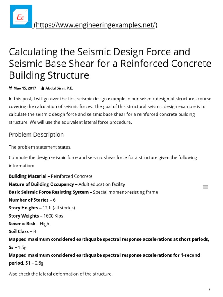 Calculating the Seismic Design Force and Seismic Base Shear for a ...