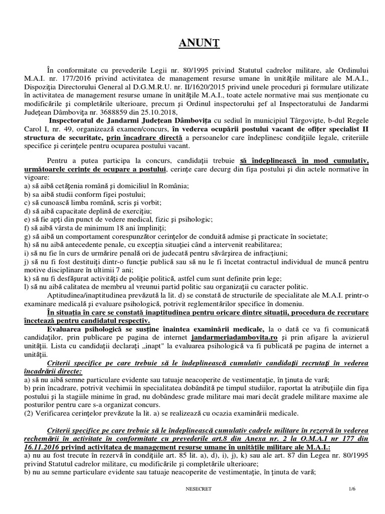 Anunt Concurs Ofiter Structura de Securitate | PDF