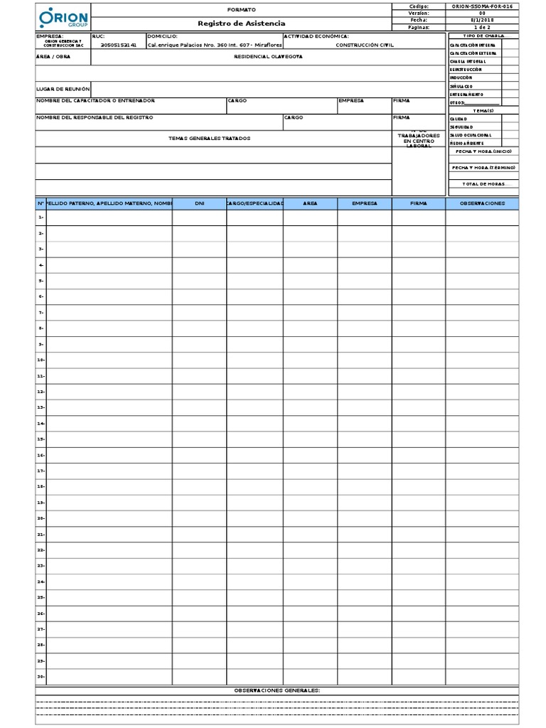 FORMATO 016 - Registro de Asistencia