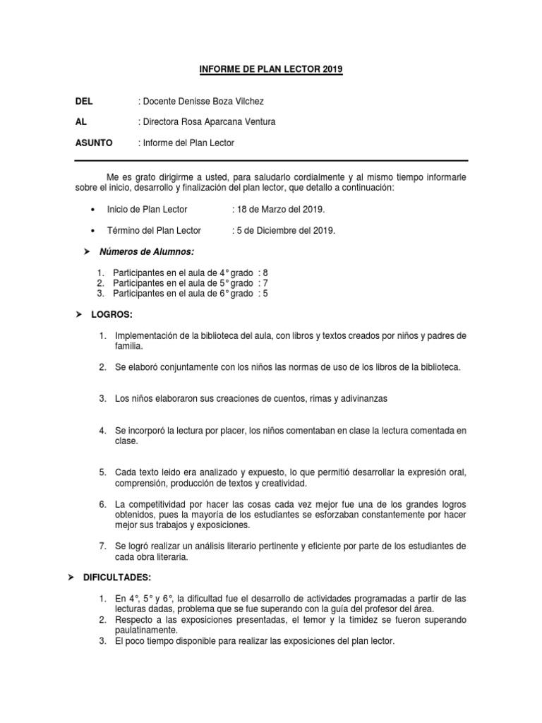 Informe Plan Lector | PDF | Salón de clases