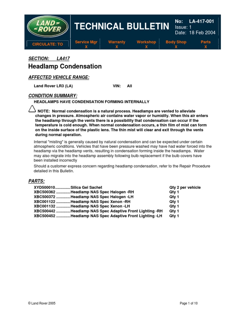 LA417001 Head Lamp Condensation PDF | PDF | Headlamp | Applied And ...