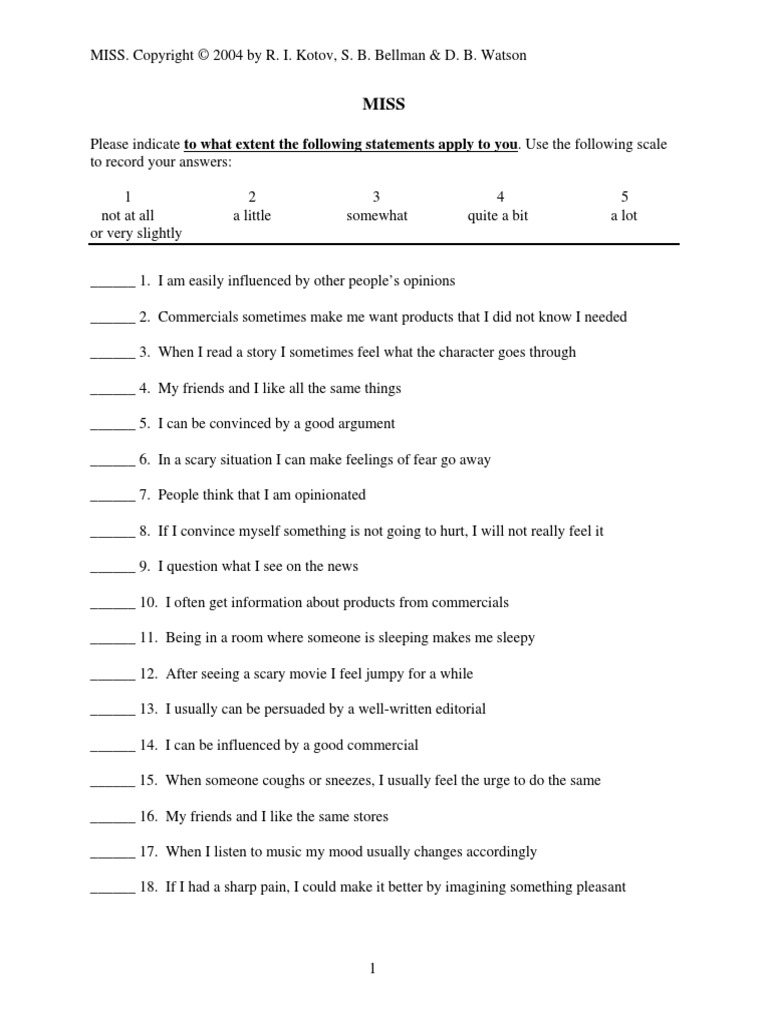 Multidimensional Iowa Suggestibility Scale (MISS) | PDF | Psychological ...