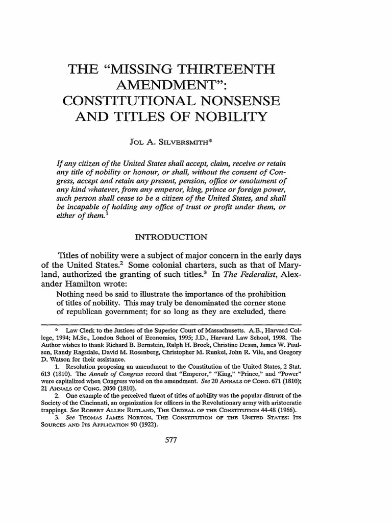 Missing 13th Amendment: Titles of Nobility | PDF | Constitutional ...