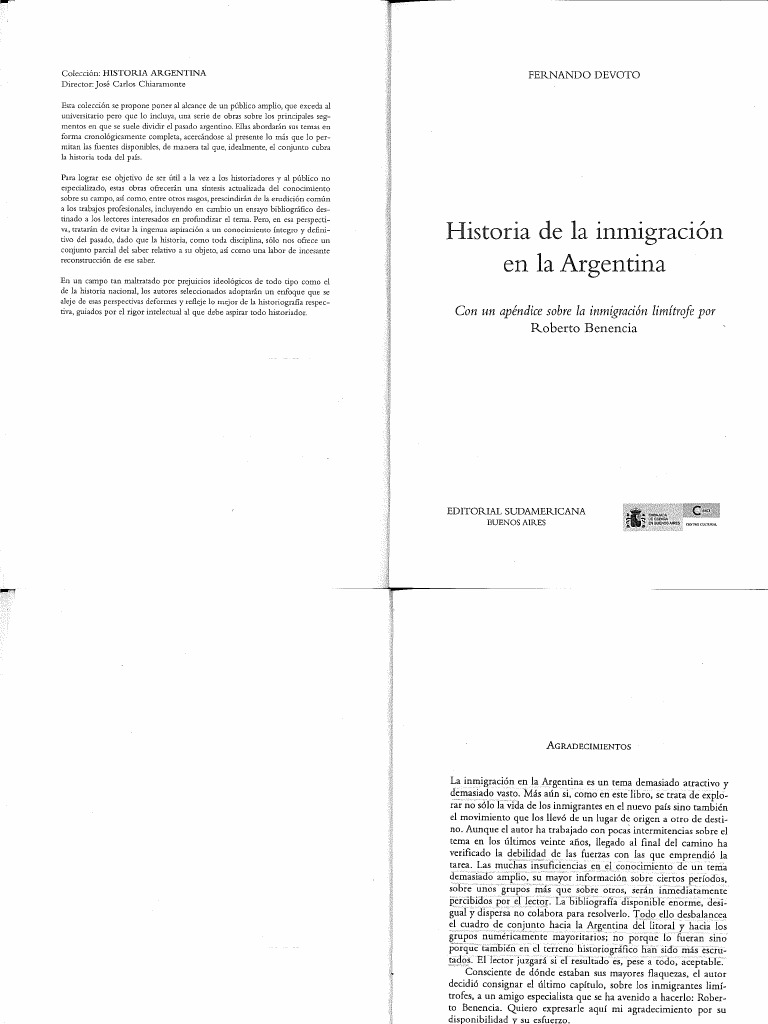 Devoto, Fernando. Historia de La Inmigración en La Argentina PDF | PDF
