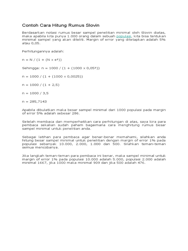 Contoh Cara Hitung Rumus Slovin | PDF