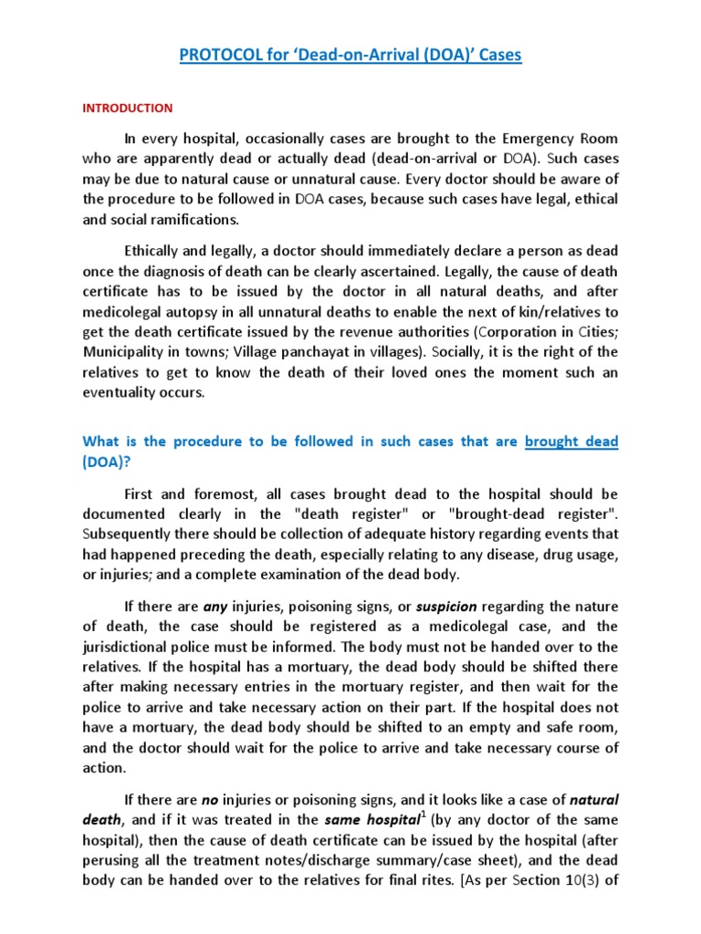 Protocol for Dead-on-Arrival Cases | PDF | Death Certificate | Death