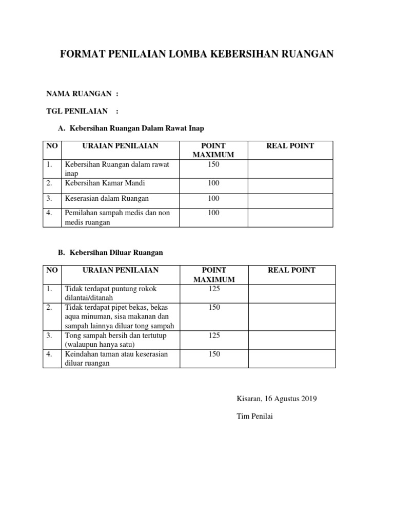 Format Penilaian Lomba Kebersihan Ruangan | PDF