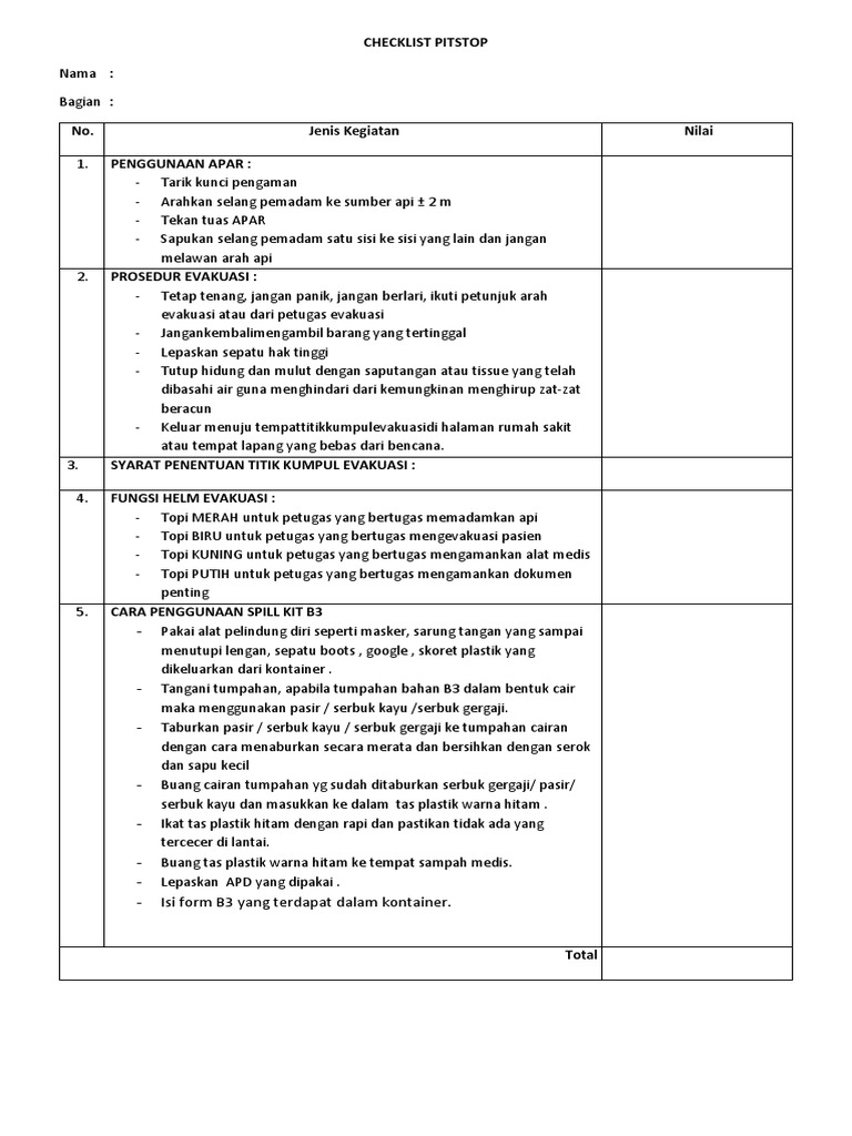 Checklist Pitstop Fix | PDF