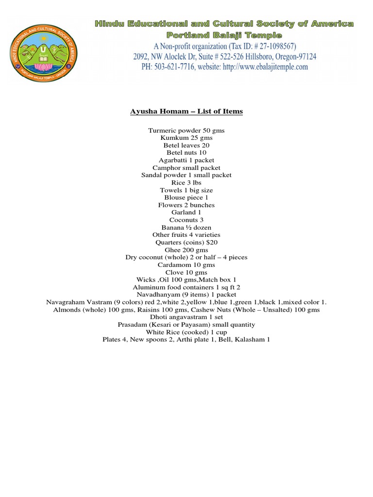 Ayusha Homam essential items list | PDF