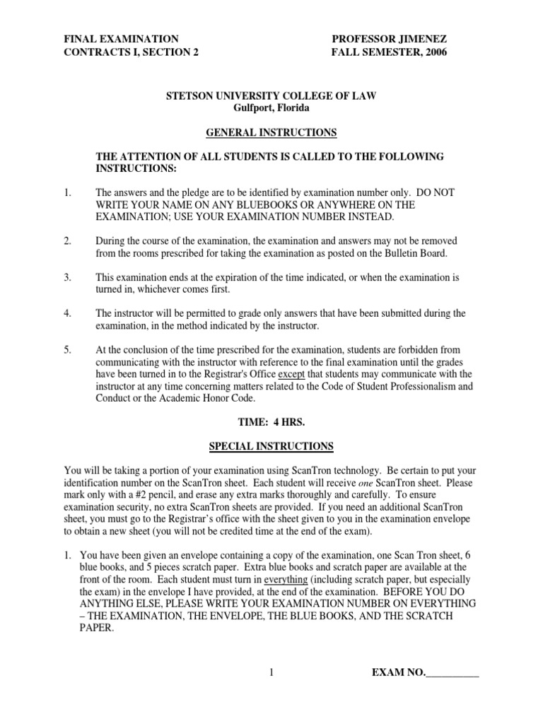 Contracts I Final Exam Instructions | PDF | Multiple Choice | Test ...