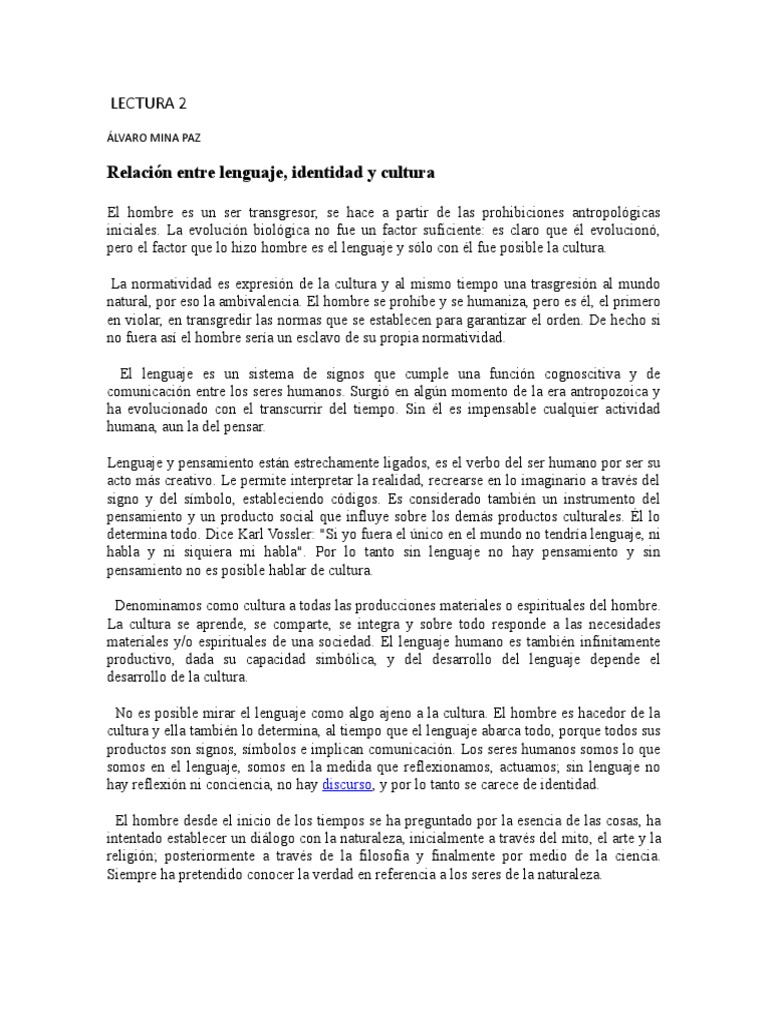 Relación Entre Lenguaje, Identidad y Cultura (2017-1) | PDF | Homo ...