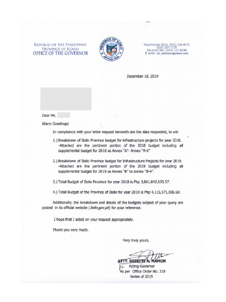 Iloilo Province Budget Cover Letter | PDF