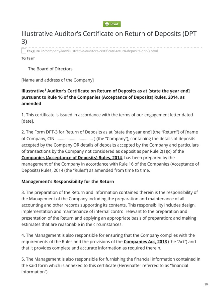 Auditors Certificate On Return of Deposits DPT 3 | PDF | Financial ...