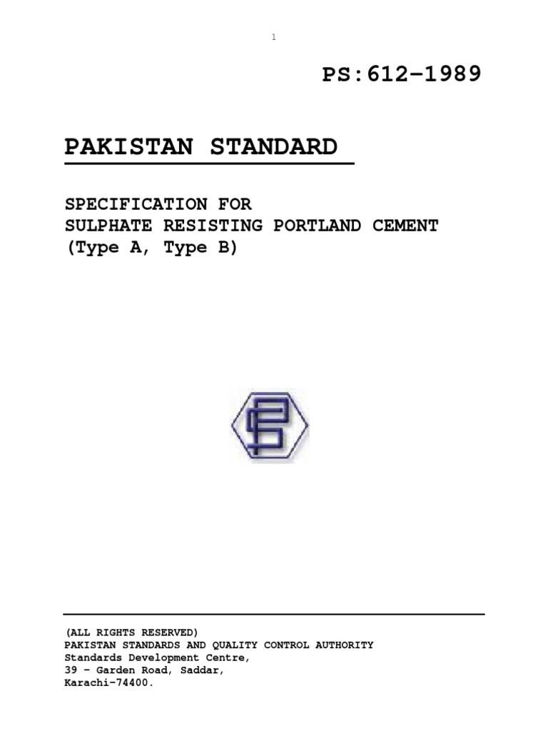 Sulphate Resisting Portland Cement PS 612 1989 | PDF | Concrete | Cement