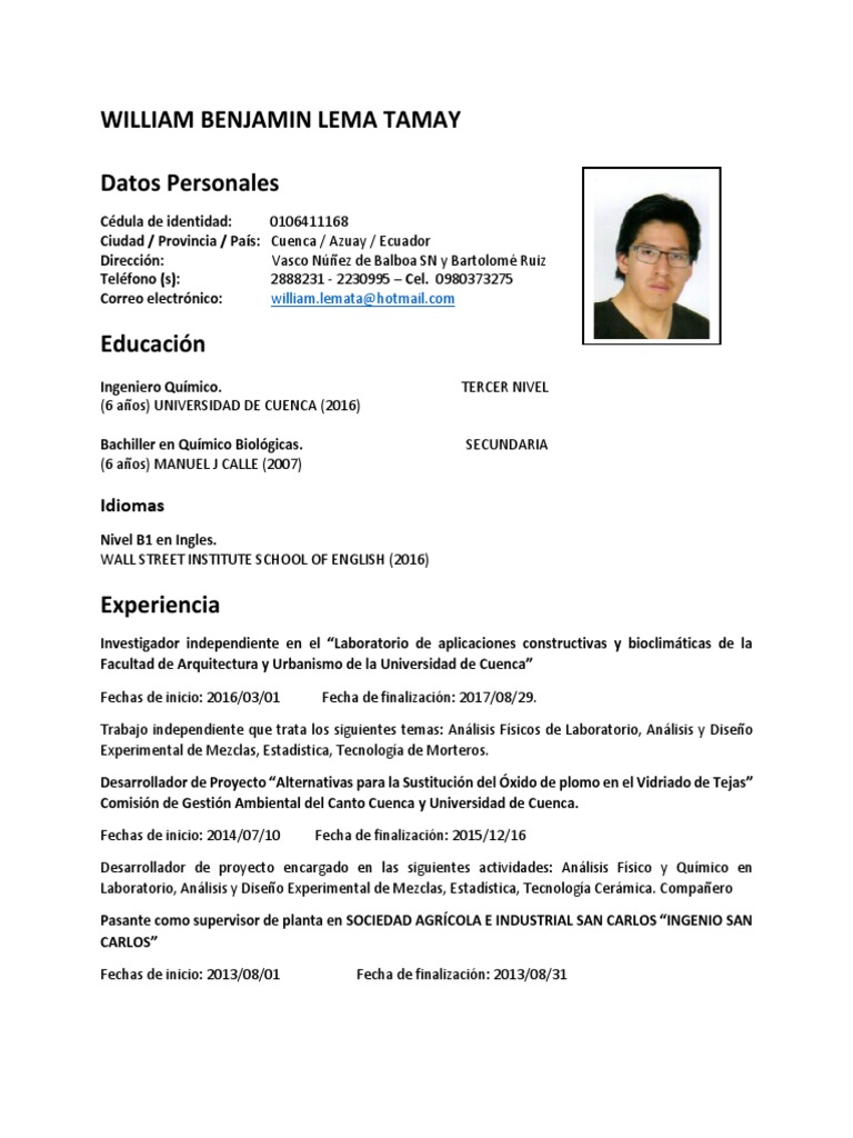 William Benjamin Lema Tamay CV | PDF | Químico | Laboratorios