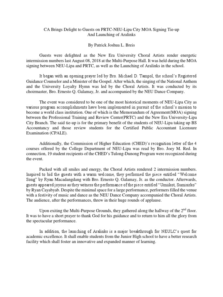 CA News Write Up - MOA SIGNING PERFORMANCE | PDF | Choir