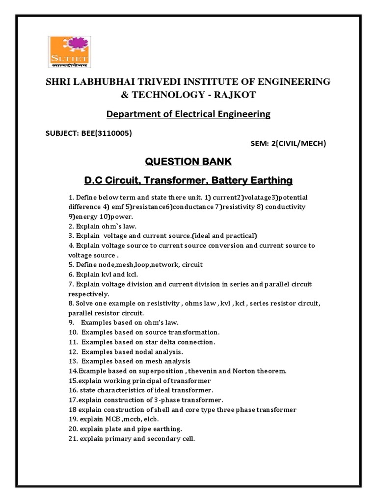 BEE Questions Bank | PDF | Electric Motor | Electrical Network