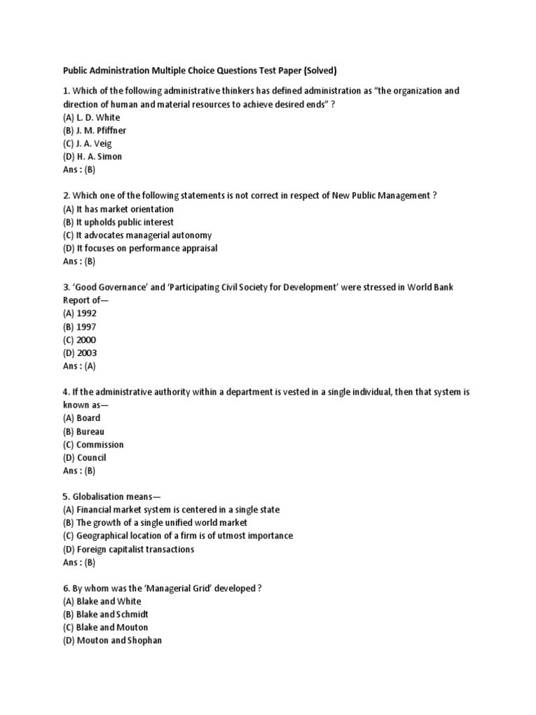 Public Administration Multiple Choice Questions Test Paper | PDF ...