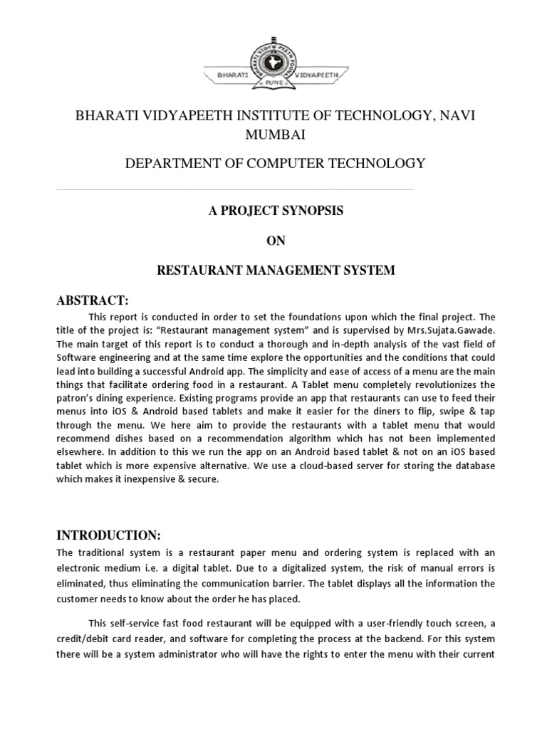 Restaurant Management System Synopsis | PDF | Menu | Tablet Computer