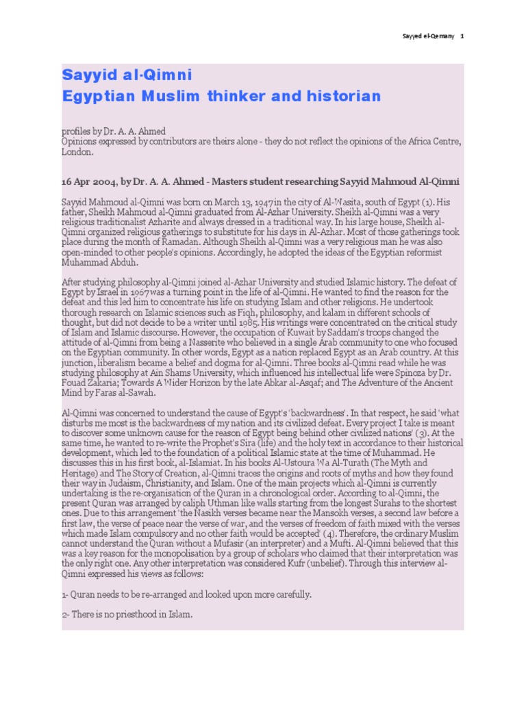 About Sayyid Al Qimni | PDF | Egypt | Quran