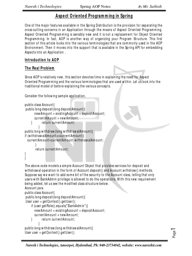 Spring Aop Notes Aspect Oriented Programming In Spring Pdf Pdf Class Computer Programming