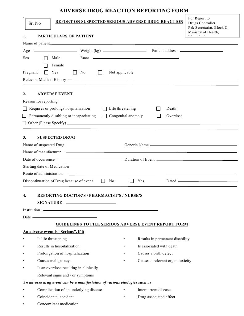 Adverse Drug Reaction Reporting Form: - Sr. No | PDF | Adverse Effect ...