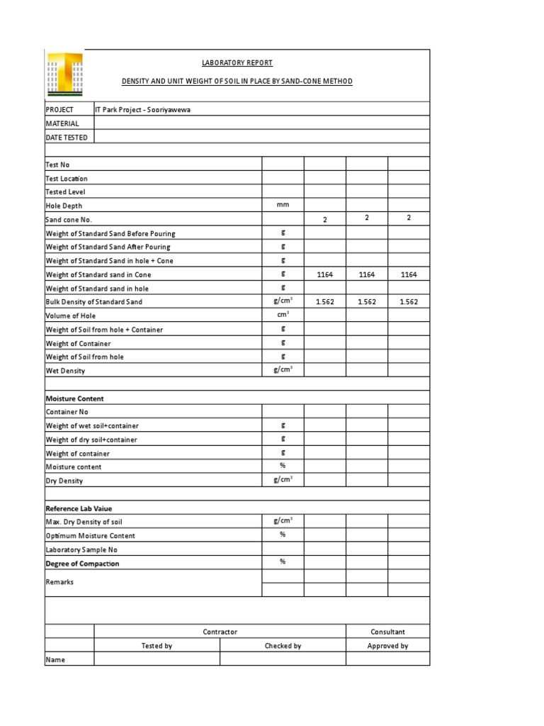 Sand Cone Test Results | PDF | Density | Landscape Architecture