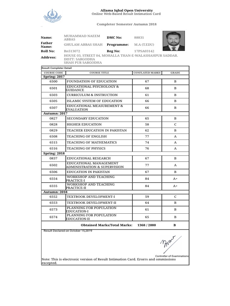 Aiou Completer Results | PDF | Behavior Modification | Cognition