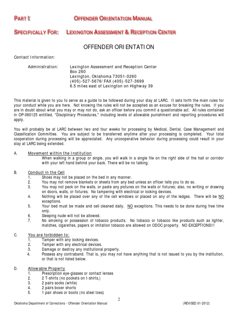 Offender Orientation Manual Lexington Assessment & Reception Center 2 ...